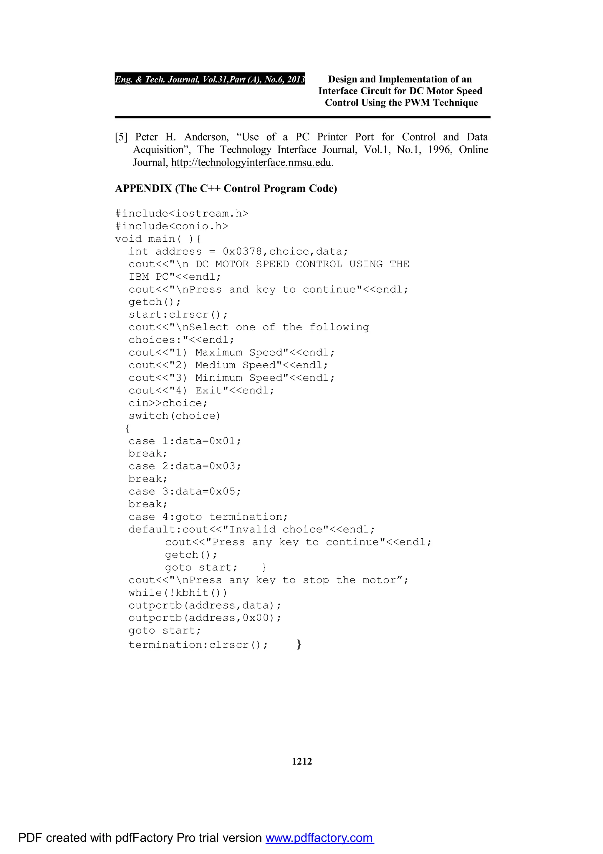 Design And Implementation Of An Interface Circuit For Dc Motor Speed Control Using The Pwm