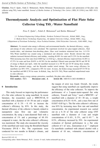 Thermodynamic analysis and optimization of flat plate solar collector using TiO2/Water nanofluid ...