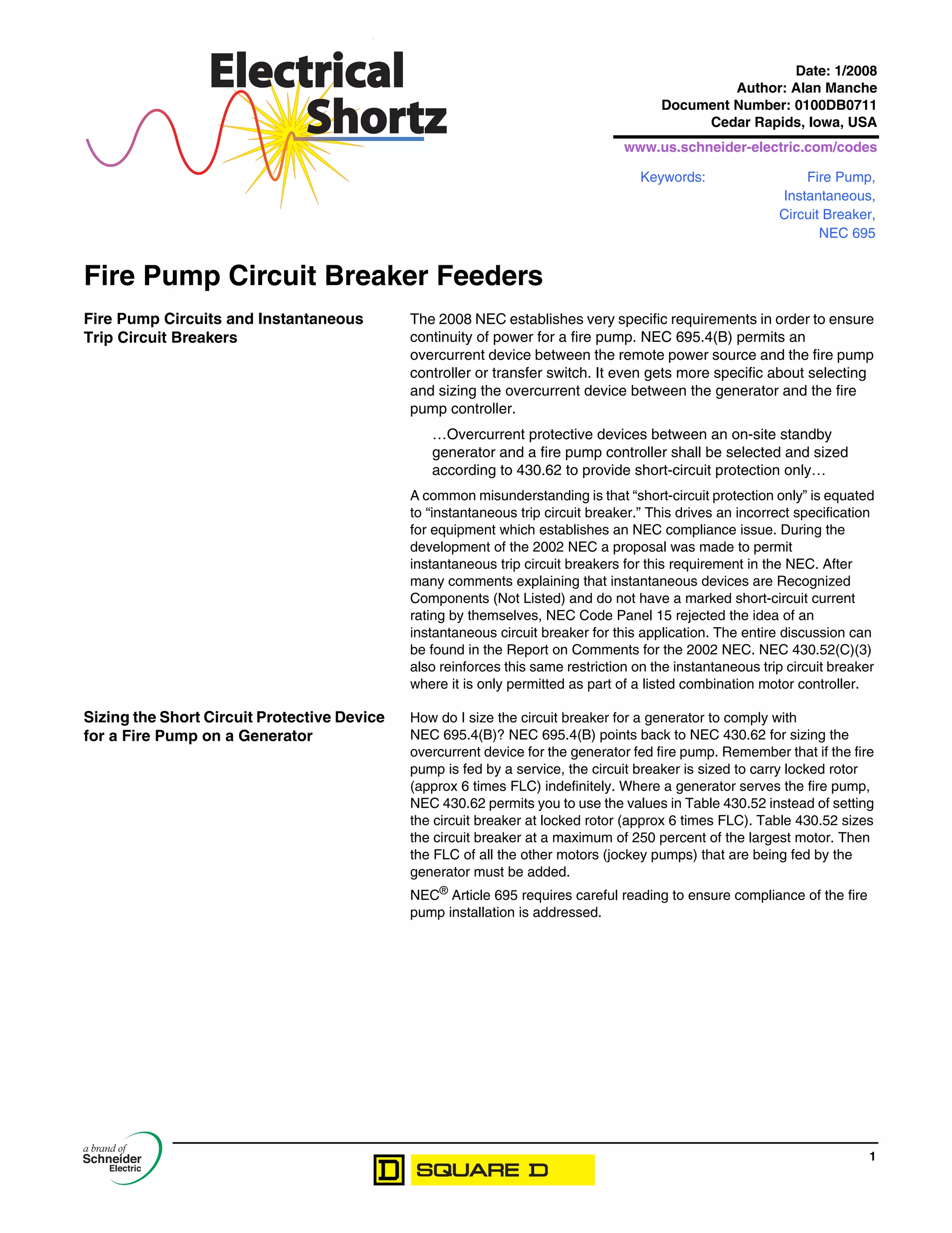 Size a circuit breaker for a fire pump | PDF