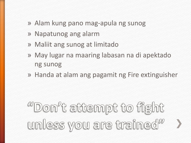 Fire extinguisher and fire preparedness (Tagalog) | PPTX
