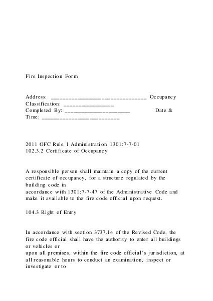 Fire Inspection Form Address __________________ | PDF