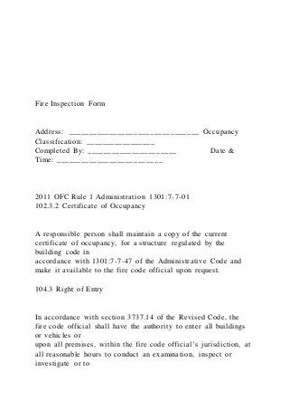 Fire Inspection Form Address __________________ | PDF