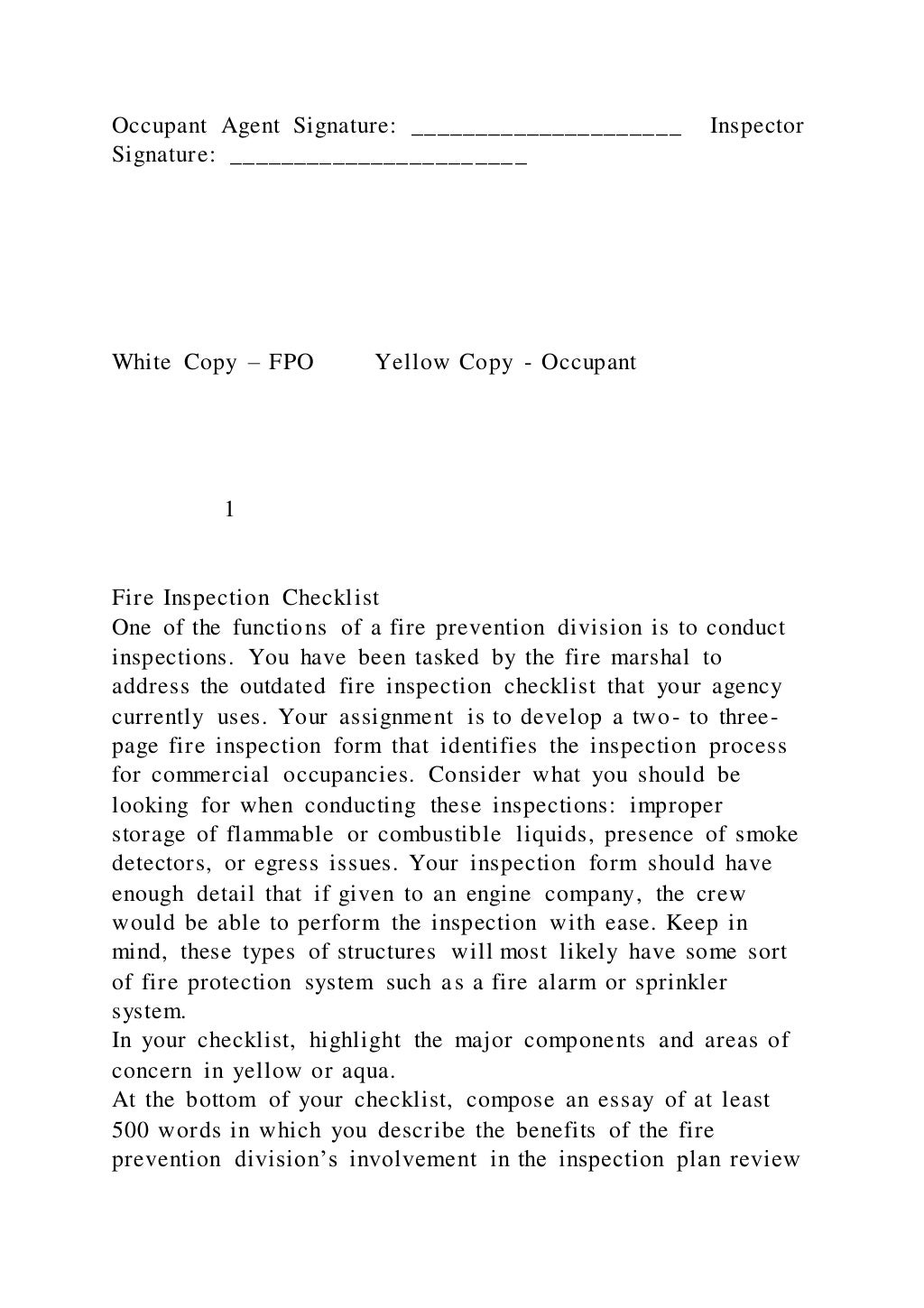 Fire Inspection Form Address __________________ | PDF