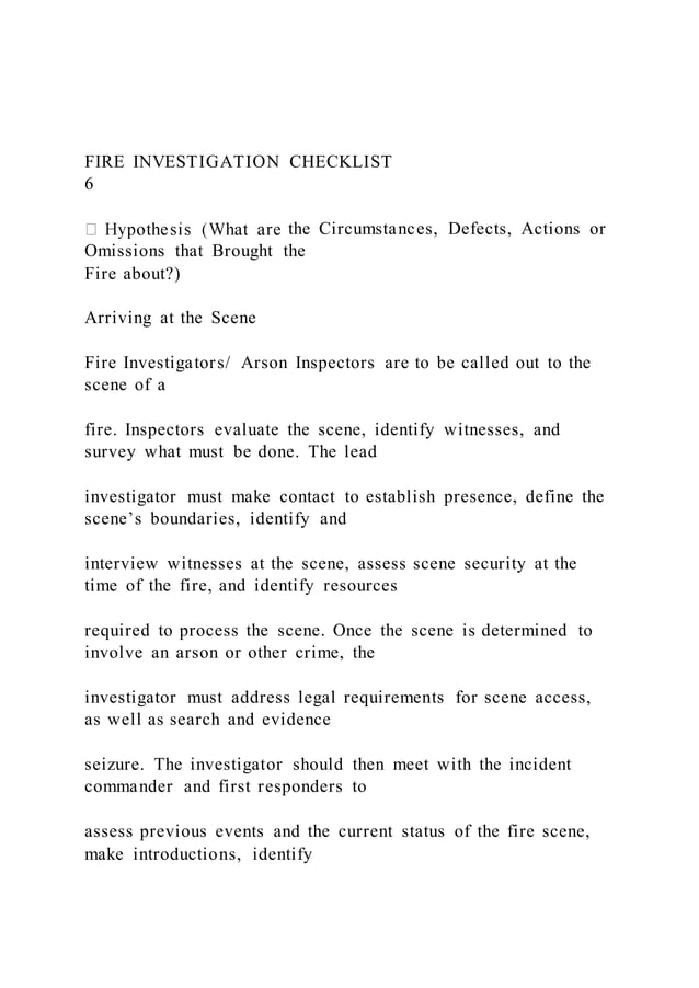 FIRE INVESTIGATION CHECKLIST | DOCX | First Aid | Injuries