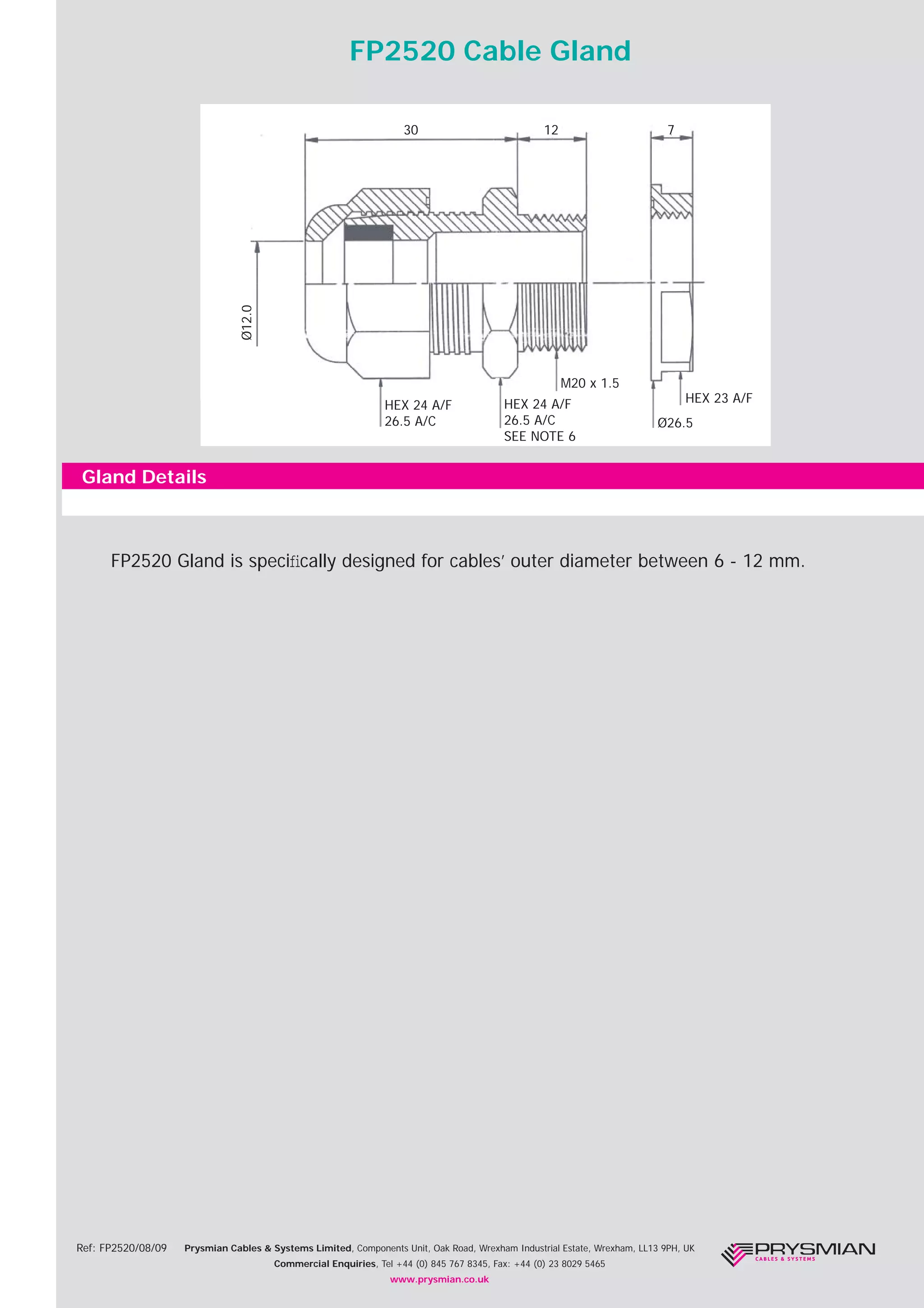 Prysmian FP Fire Resistant Cable Glands - BICC, BICON, Prysmian | PDF