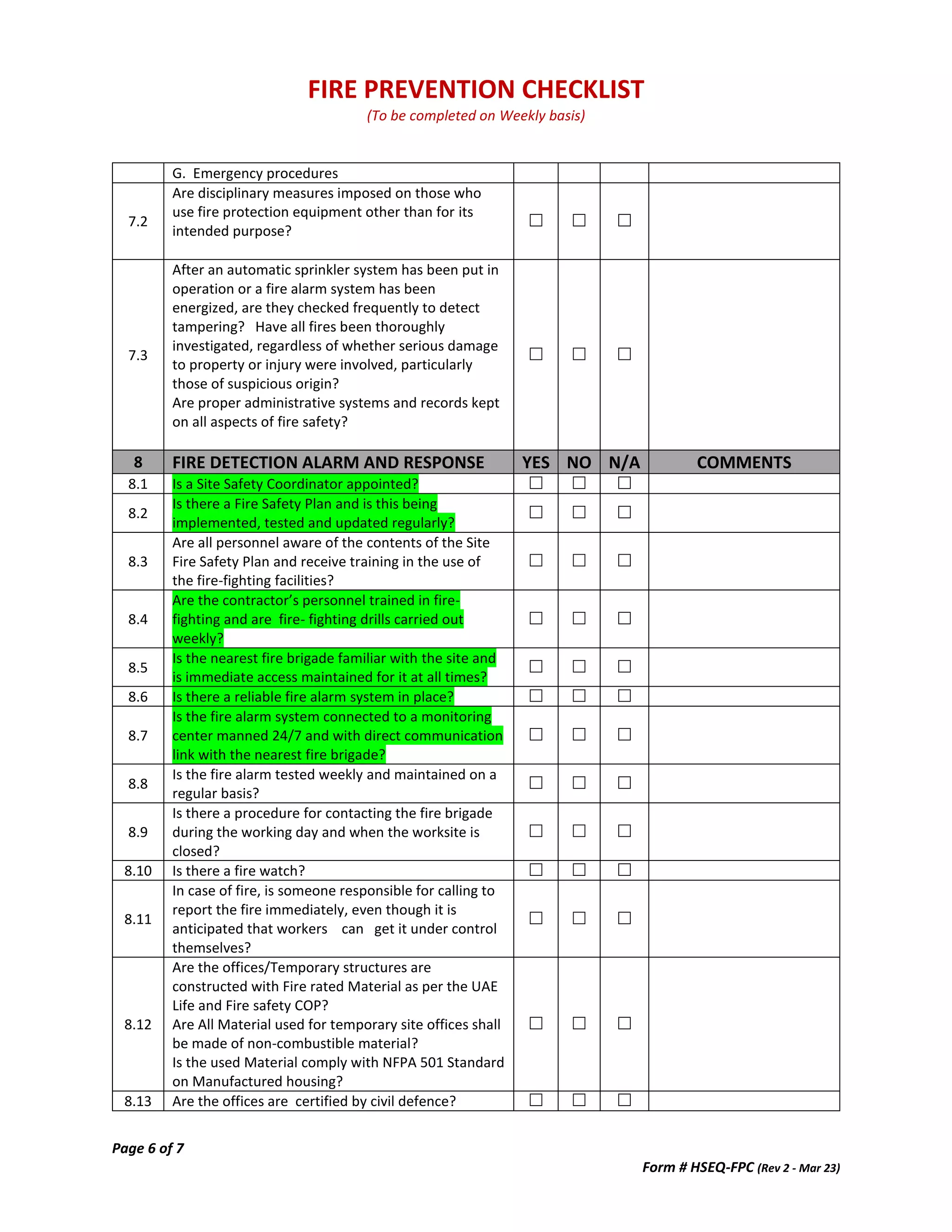FIRE PREVENTION CHECKLIST Form # HSEQ - FPC Rev 2 -.docx | Indoor ...