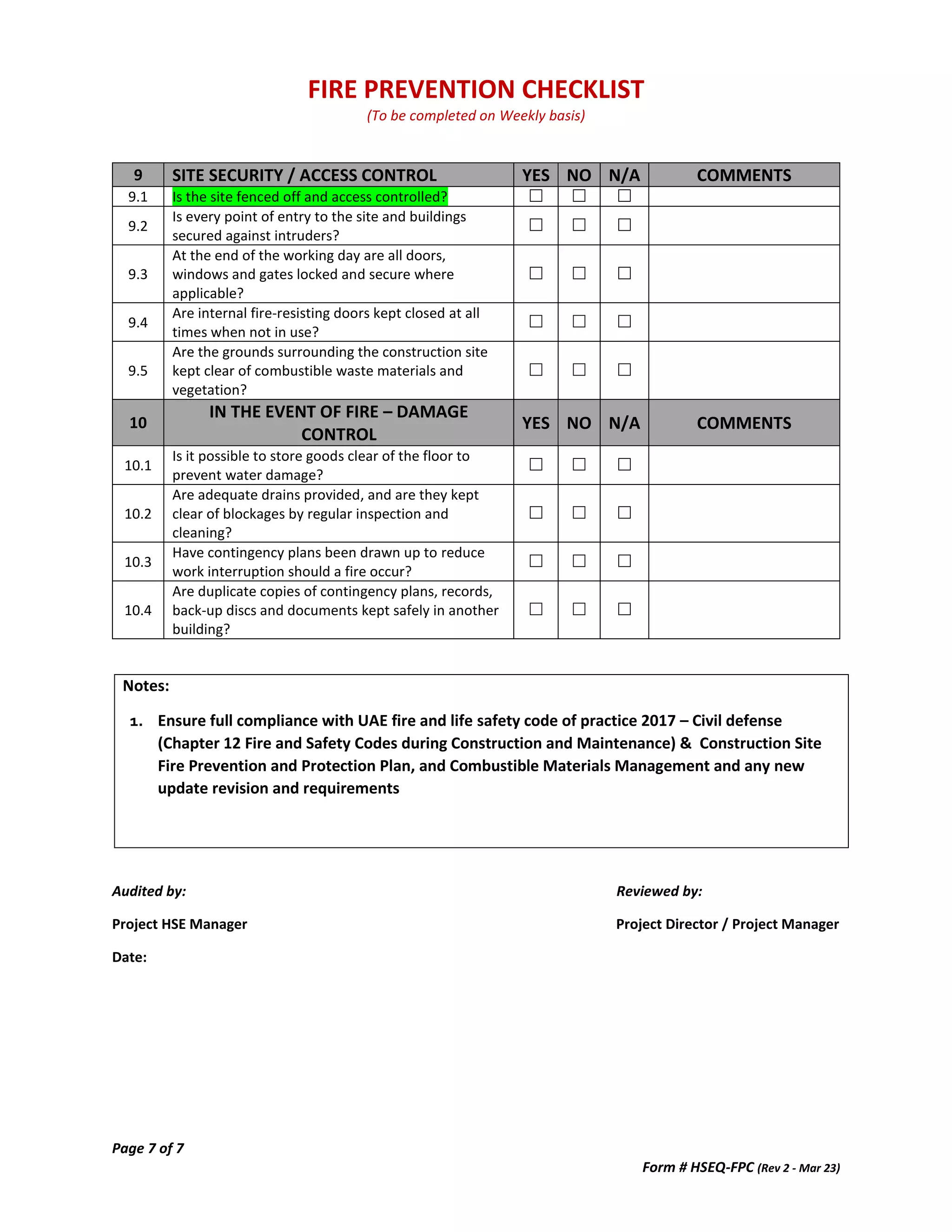 FIRE PREVENTION CHECKLIST Form # HSEQ - FPC Rev 2 -.docx | Indoor ...