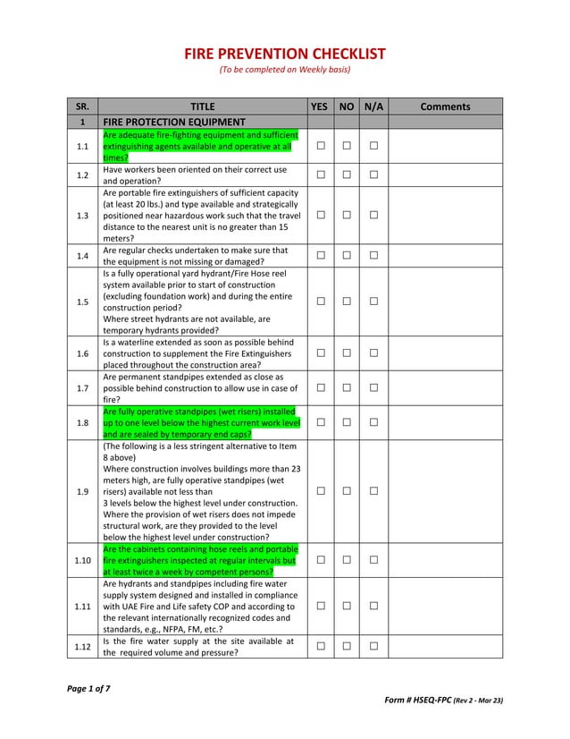 FIRE PREVENTION CHECKLIST Form # HSEQ - FPC Rev 2 -.docx | Indoor Environmental Quality | Home ...
