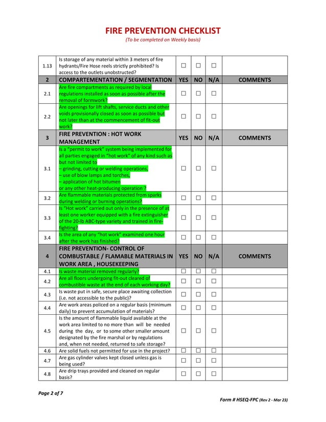 FIRE PREVENTION CHECKLIST Form # HSEQ - FPC Rev 2 -.docx | Indoor ...