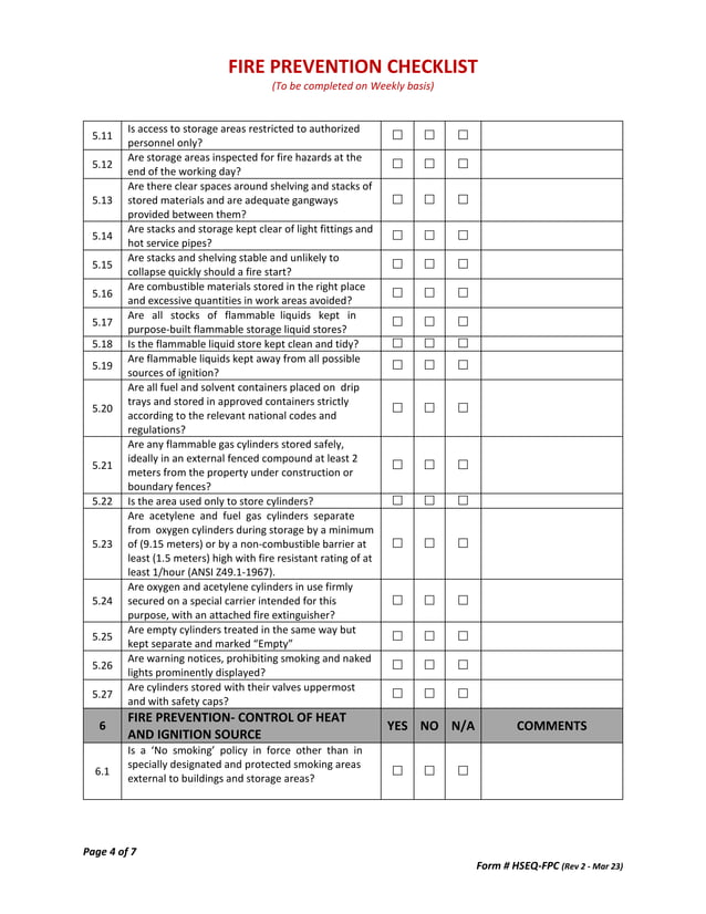 FIRE PREVENTION CHECKLIST Form # HSEQ - FPC Rev 2 -.docx | Indoor ...