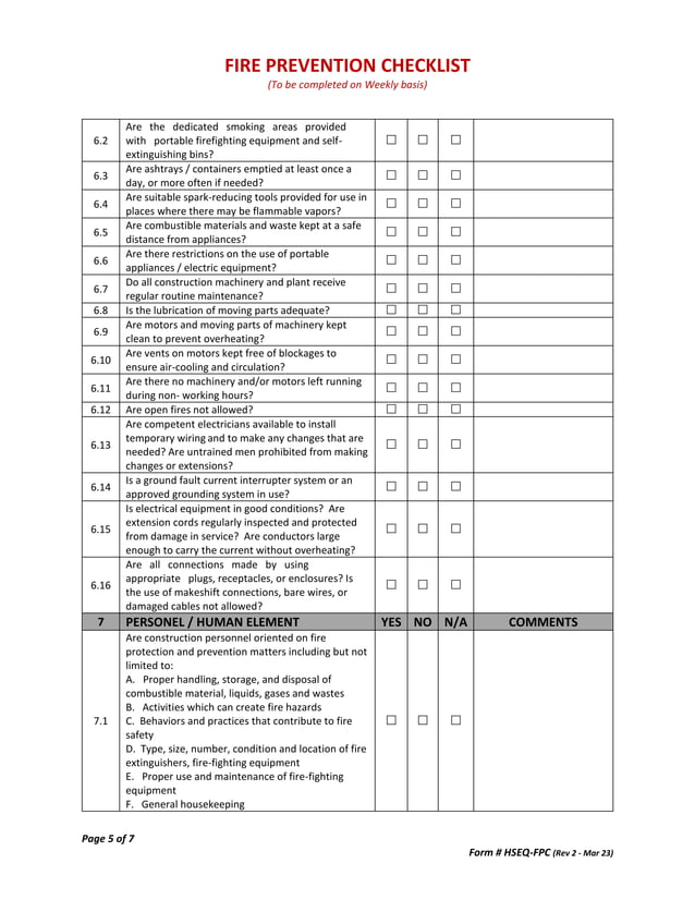FIRE PREVENTION CHECKLIST Form # HSEQ - FPC Rev 2 -.docx | Indoor ...