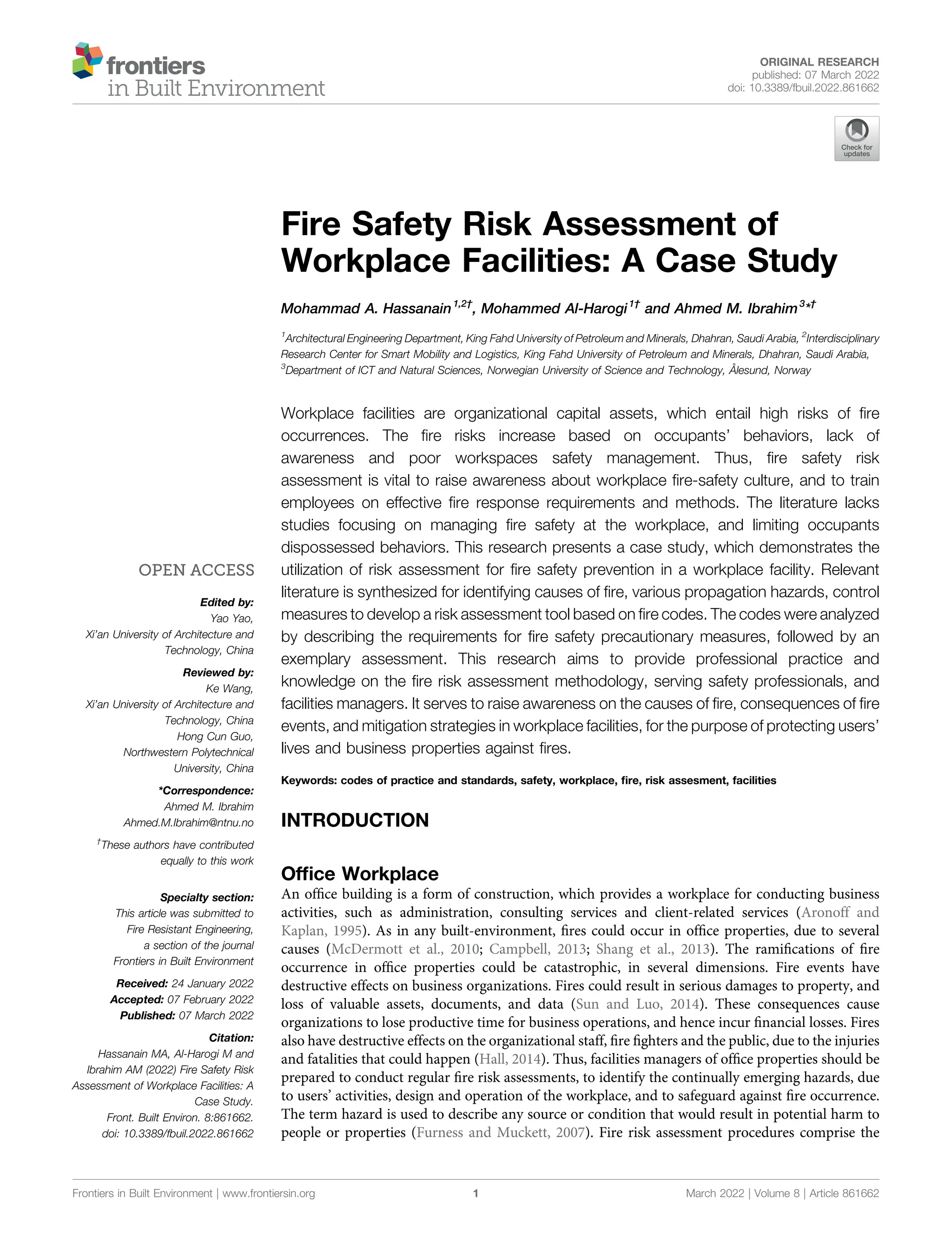 Fire Safety Risk Assessment of Workplace | PDF