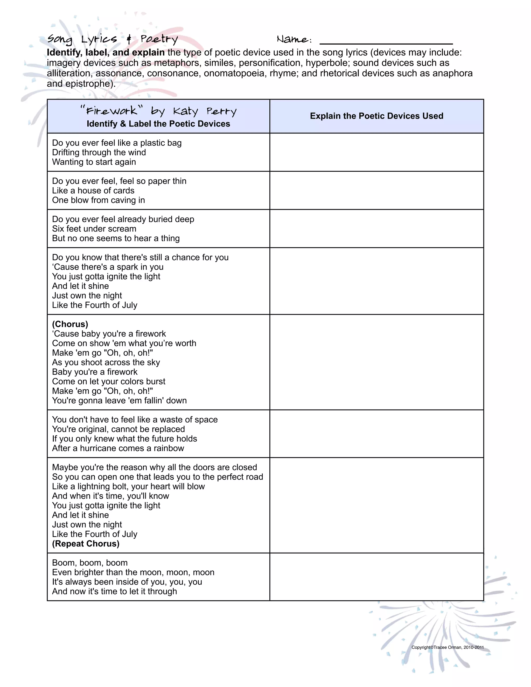 Firework Poetic Devices Activity | PDF