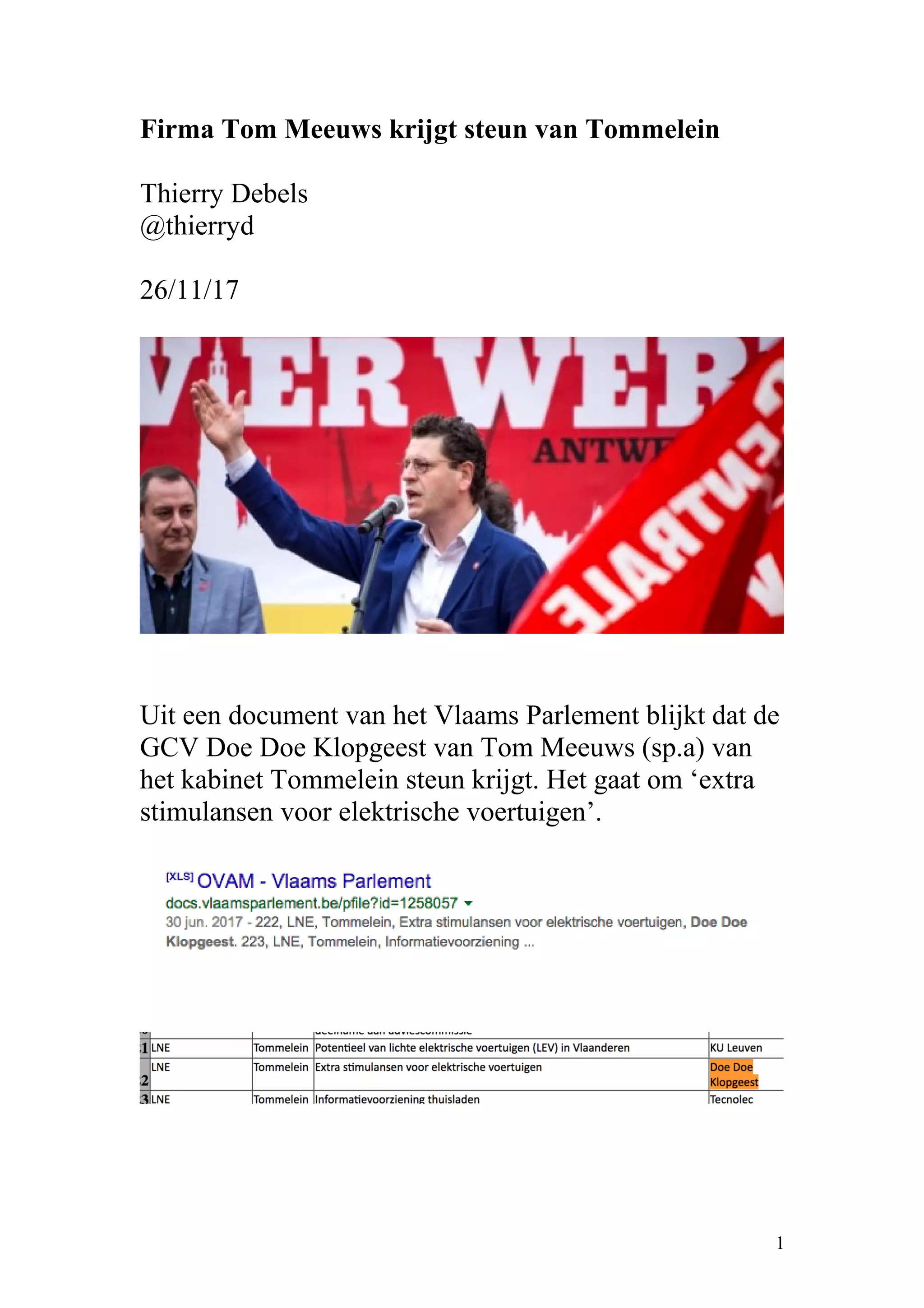 Firma Tom Meeuws krijgt steun van Tommelein | DOC