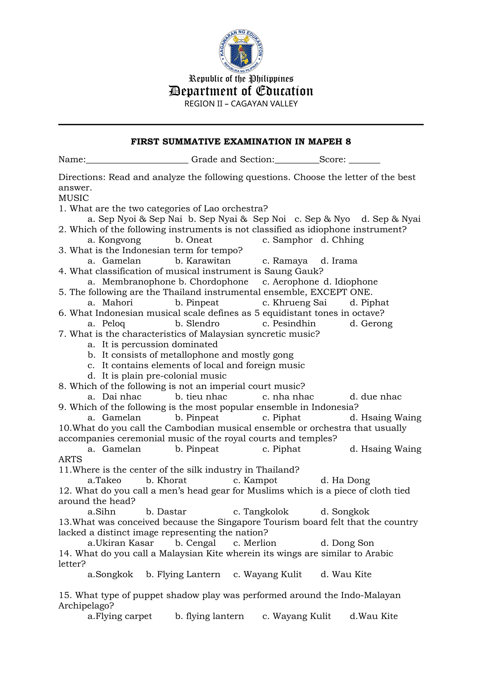 Sample 1st Periodical Examination in MAPEH | PDF