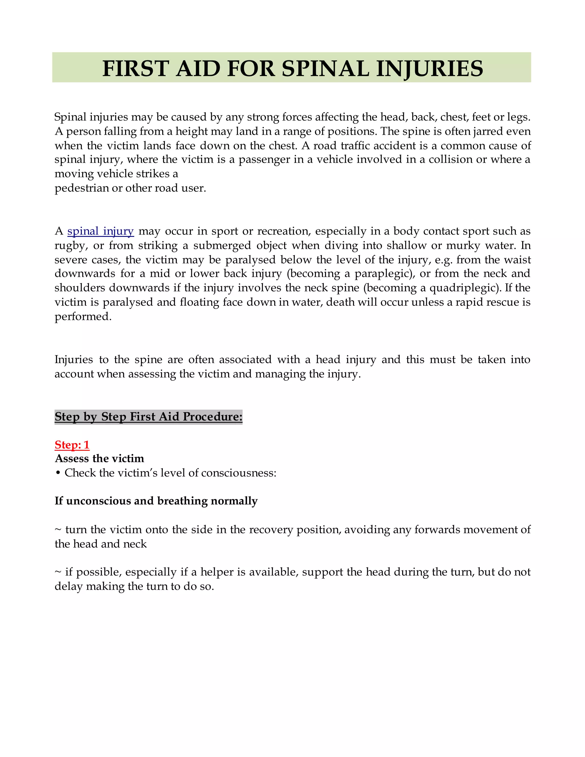 First Aid For Spinal Injuries - WHS First Aid Kits | PDF