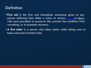 FIRST AID INTRODUCTION is well equiped pptx | PPTX