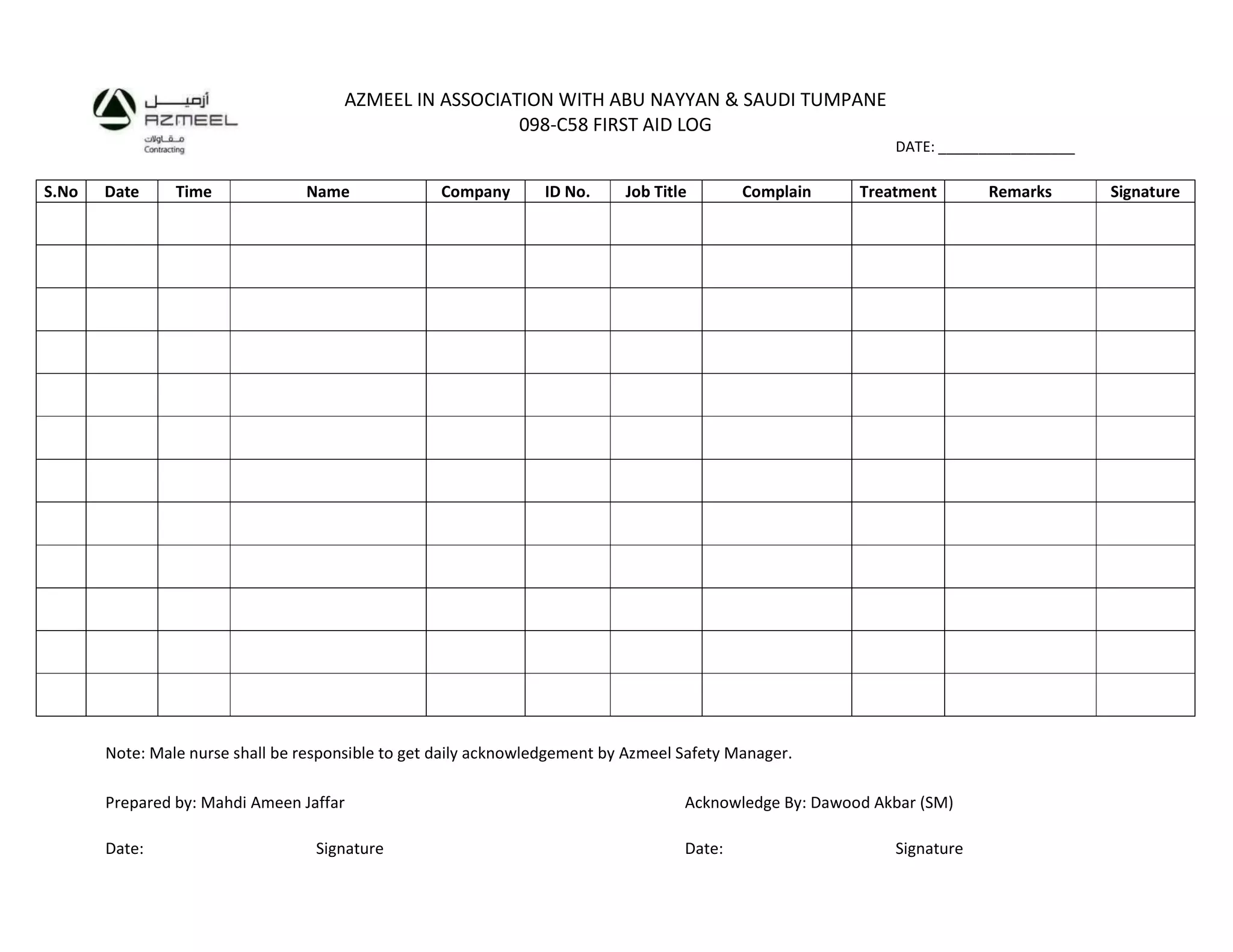 First aid log sheet | PDF