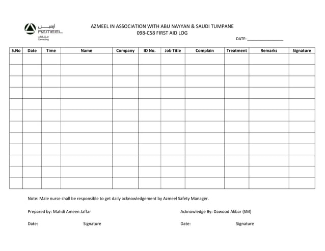 First aid log sheet | PPT