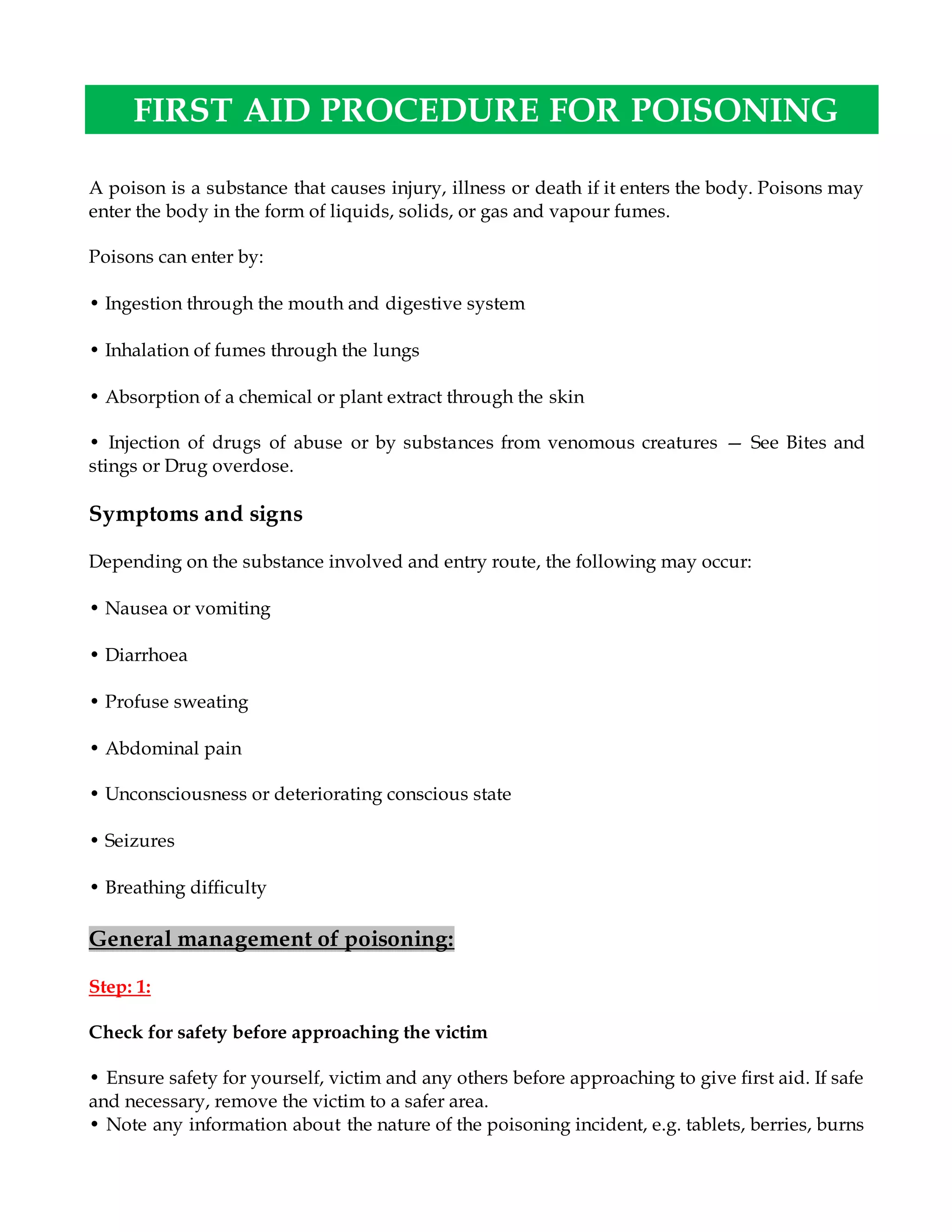 First aid procedure for poisoning | PDF