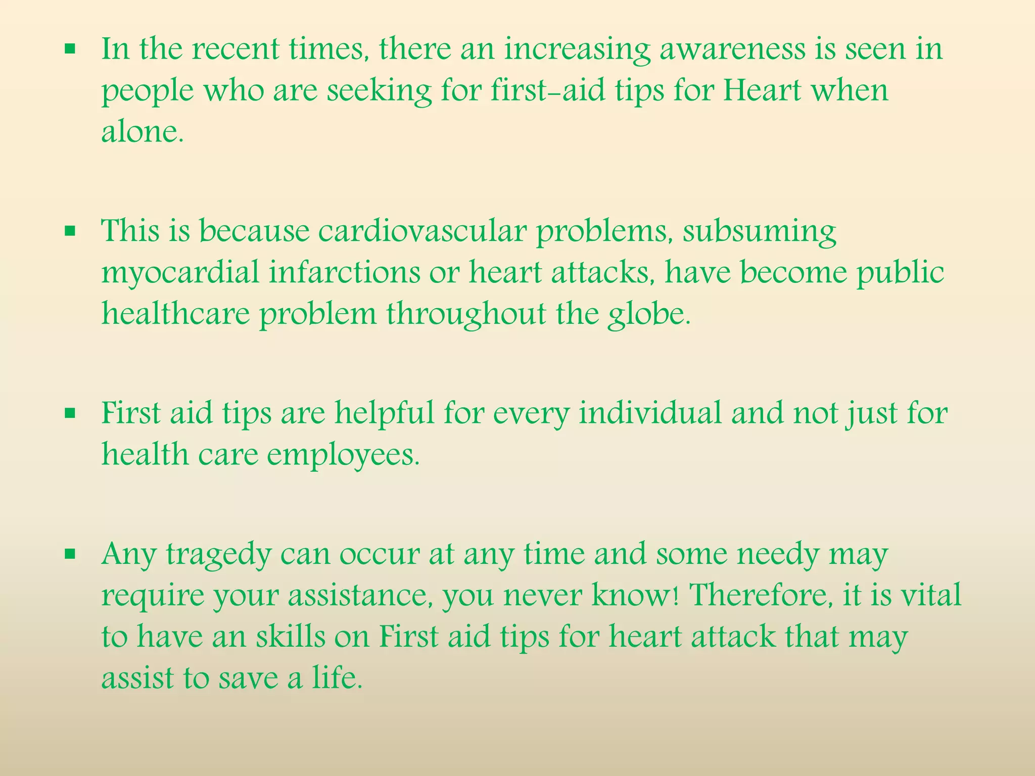 what are the First aid tips for heart attack? | PPTX