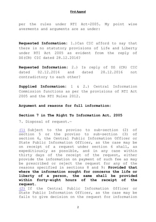 First appeal against CIC New Delhi dated 24.01.2017 for Non- Implementation of Section 7(1) of ...