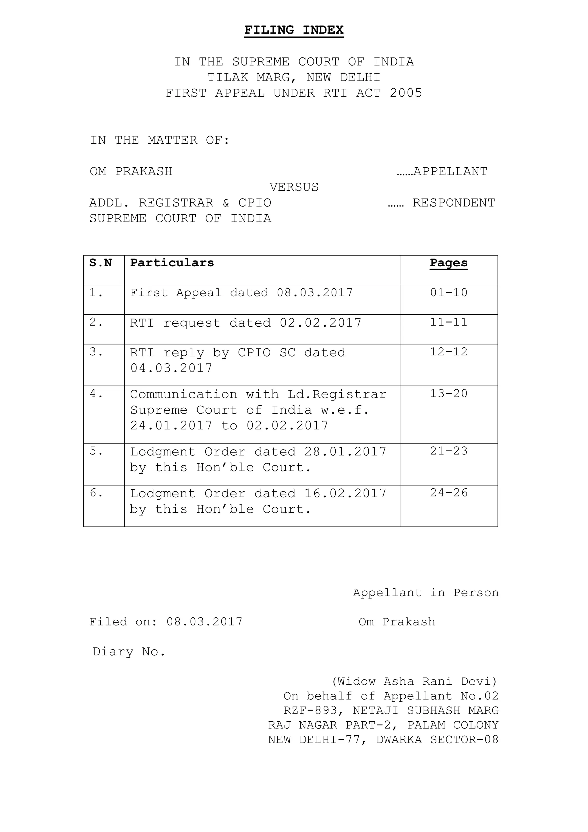First appeal under RTI Act 2005 against Registrar (J-I) Supreme Court ...