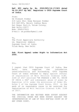 First appeal under RTI Act 2005 against Registrar (J-I) Supreme Court ...