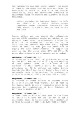 First appeal under RTI Act 2005 against Registrar (J-I) Supreme Court ...