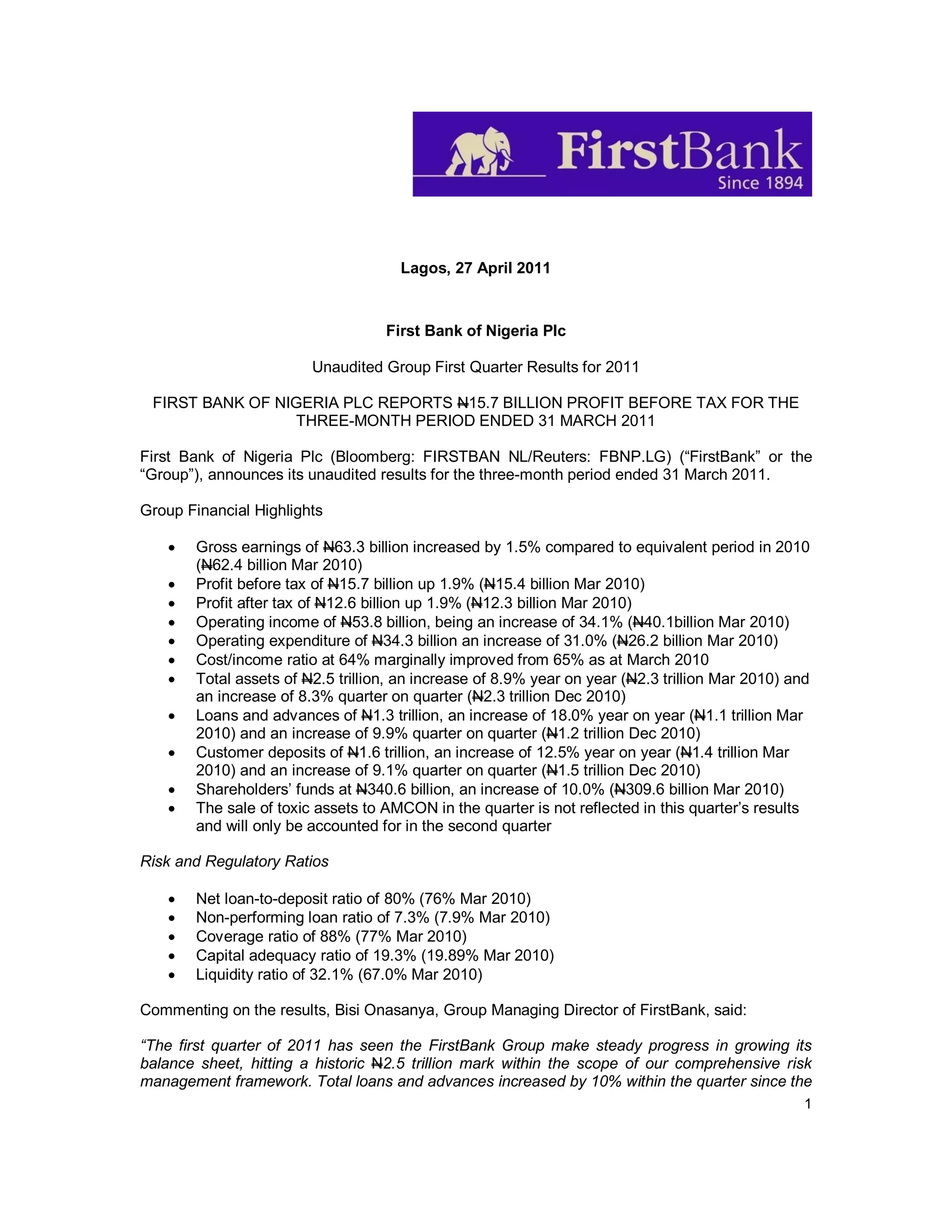 FirstBank Nigeria - First Quarter Reports 2011 | PDF