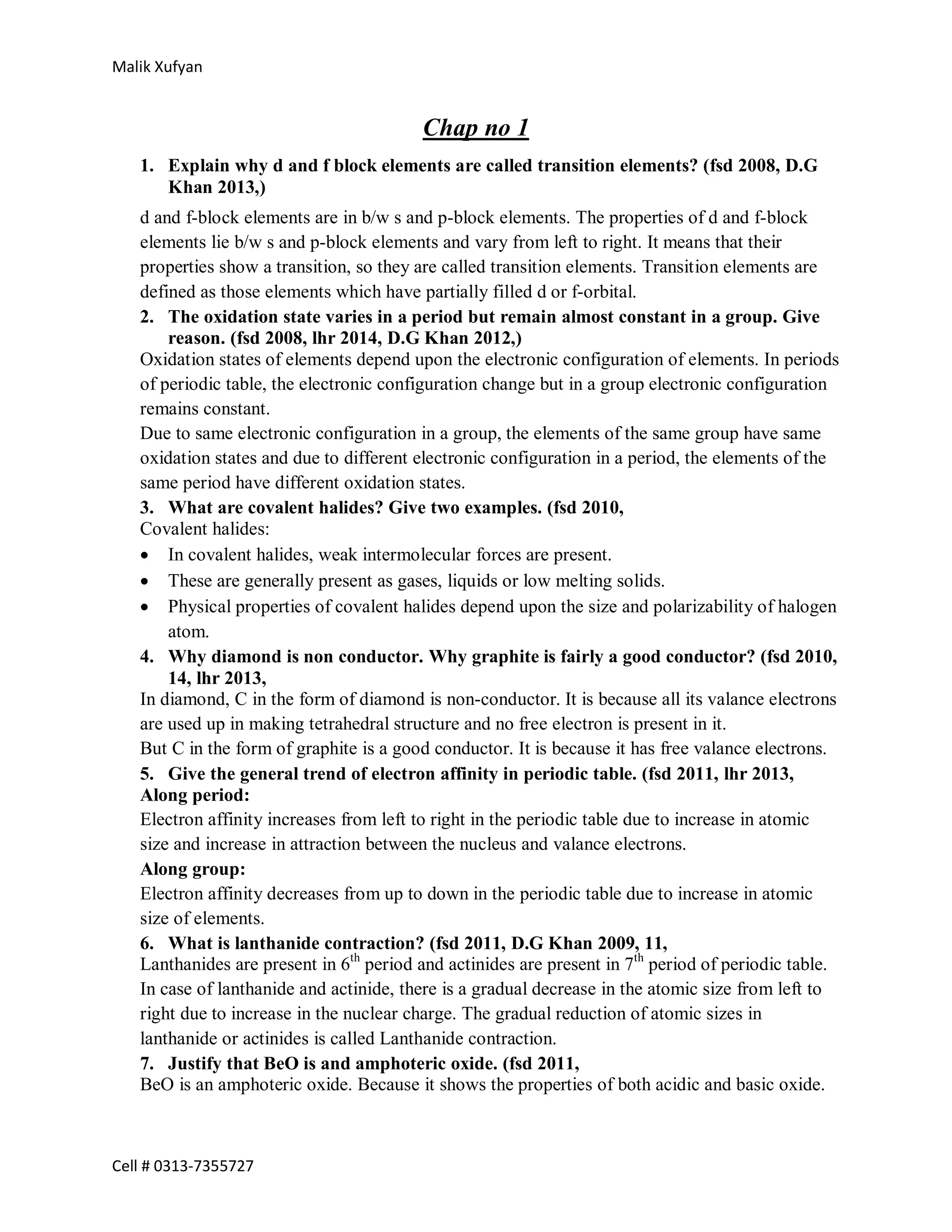 F.Sc. Part 2. Chemistry -inorganic Chemistry portion Board Papers ...