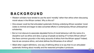 First class phy 219 overview of african ethics Dr Ademola Fayemi | PPTX