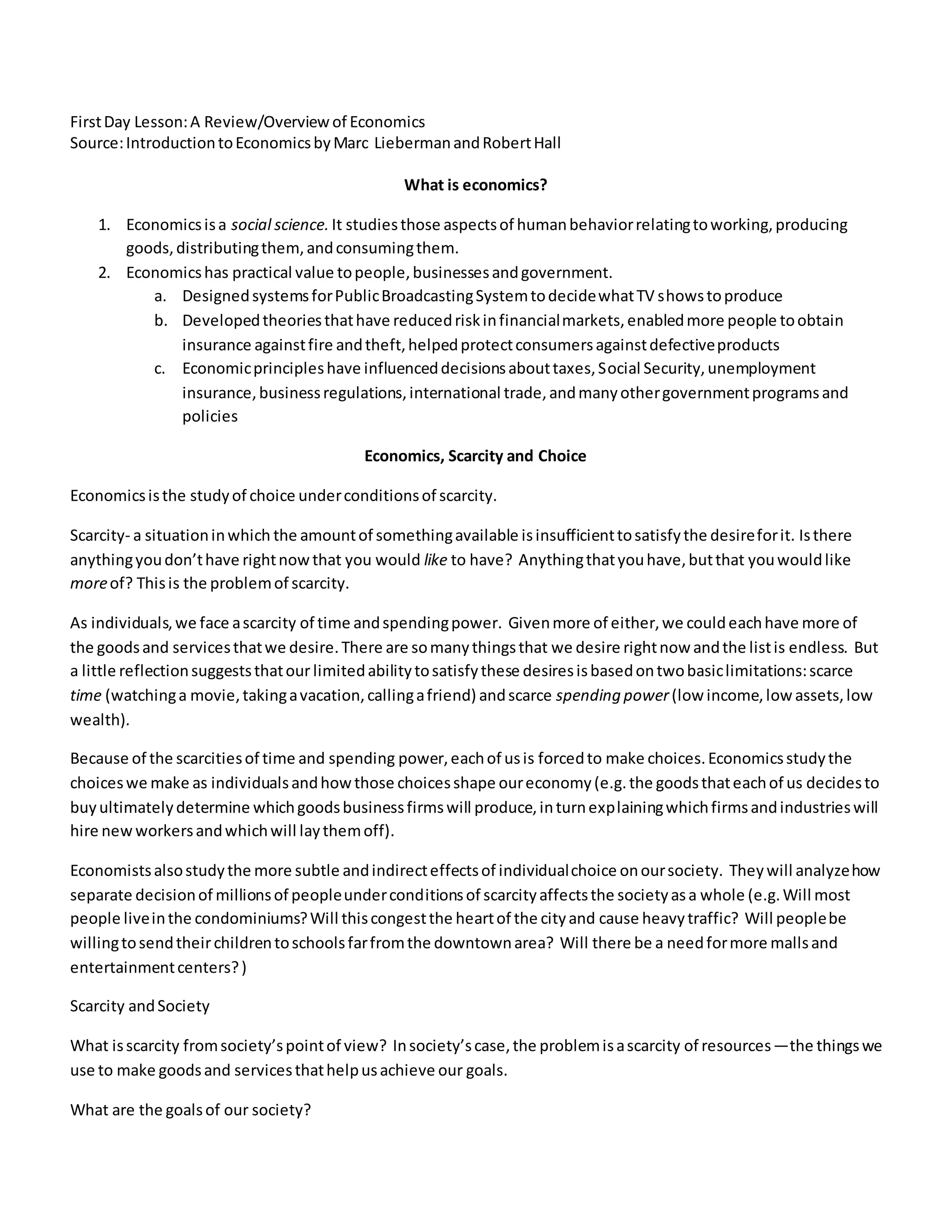 Introduction to Economics (first day lesson) | DOCX | Economy ...