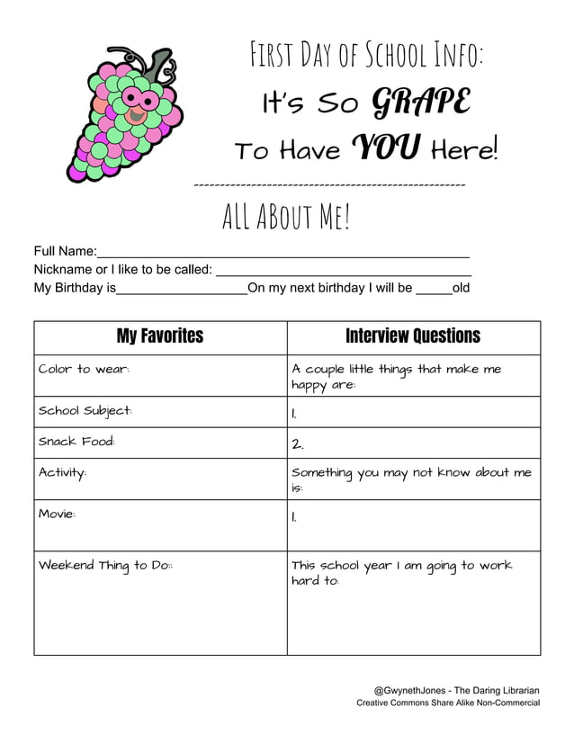 First day of school info worksheet - It's so Grape to Have You Here! | PDF