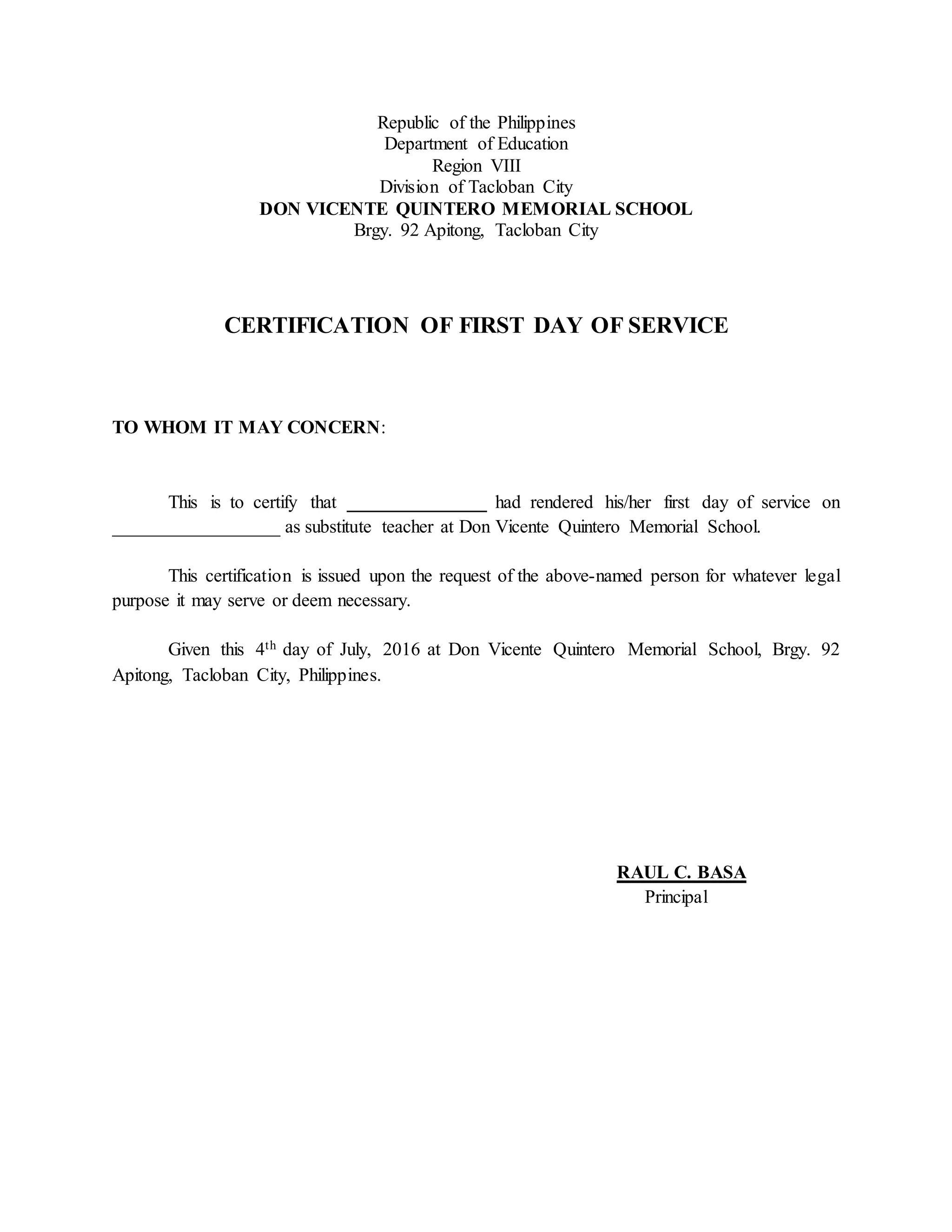 First day of service (substitute teacher) | DOCX