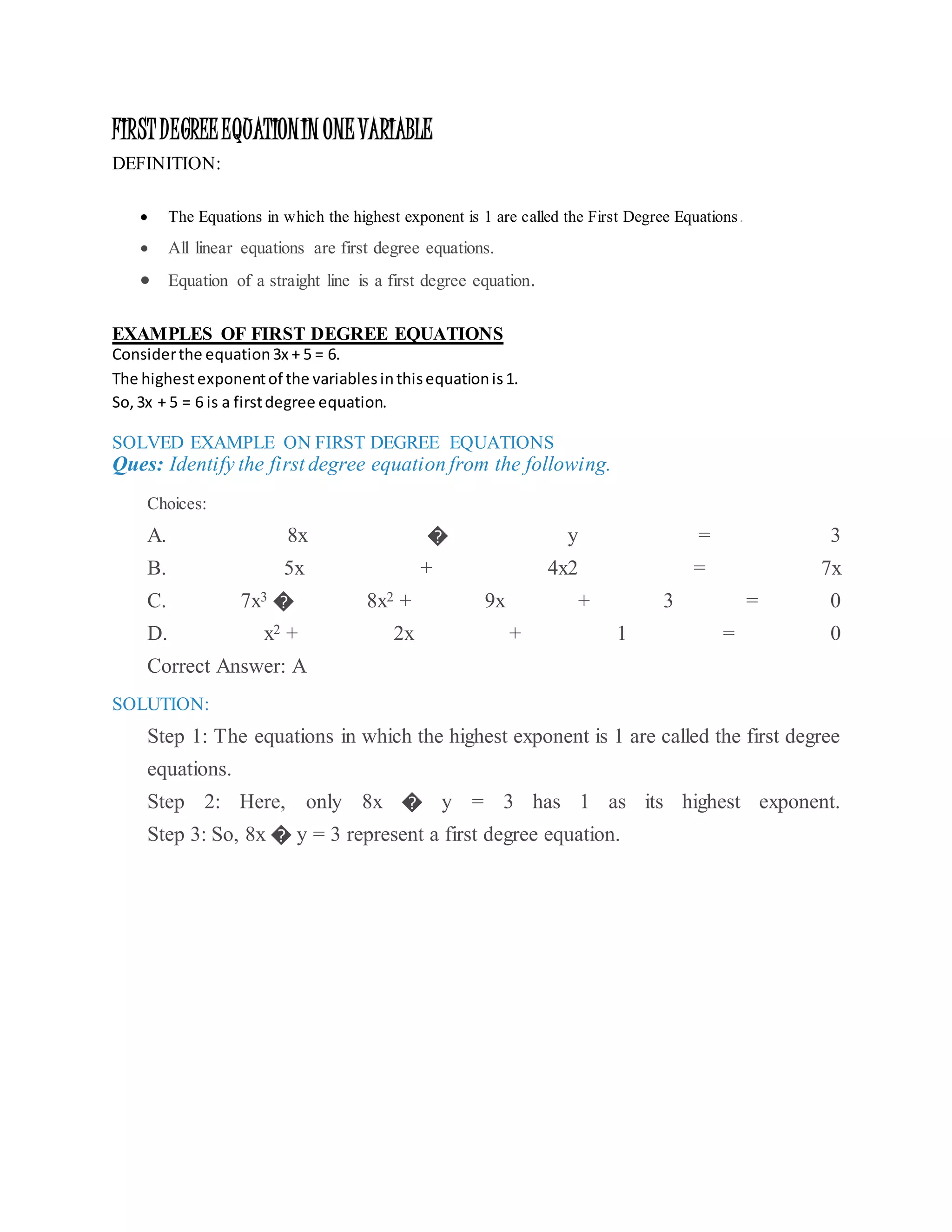 First degree equation in one variable | DOCX