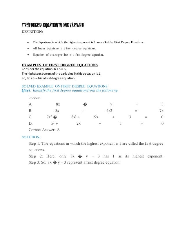 First Degree Equation In One Variable First Degree Equation In One Variable