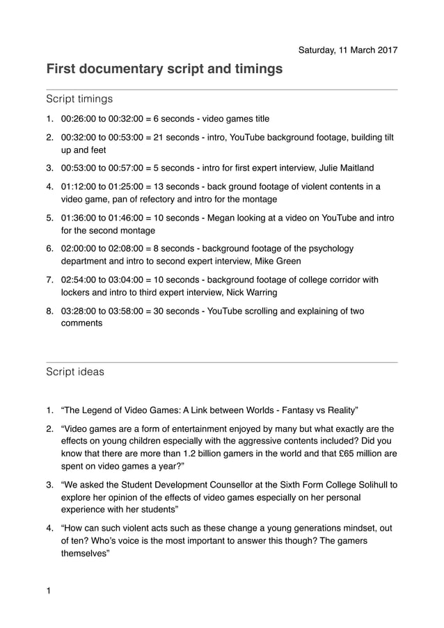 First documentary script and timings pdf | PDF