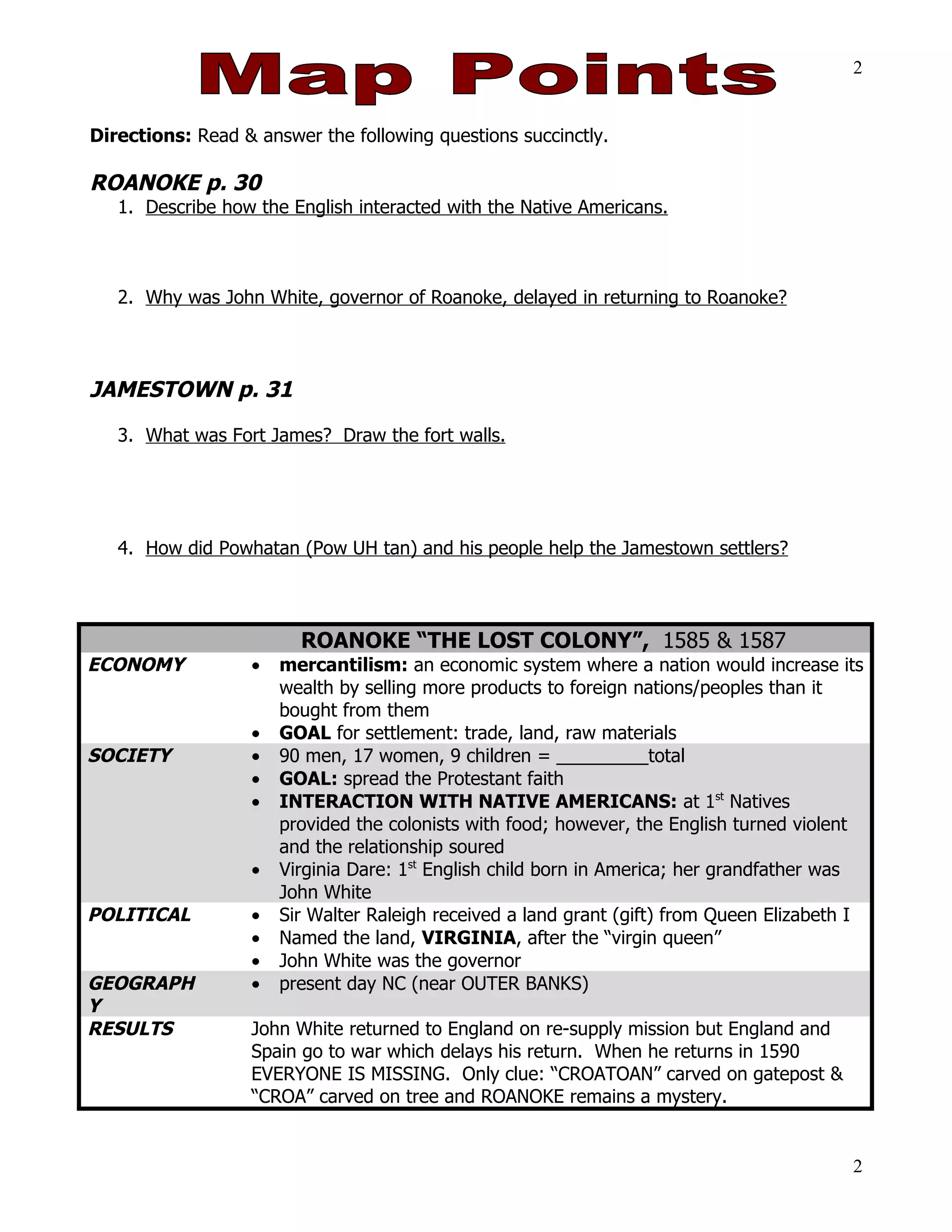 First English Settlements Roanoke Jamestown Plymouth Packet | DOC ...