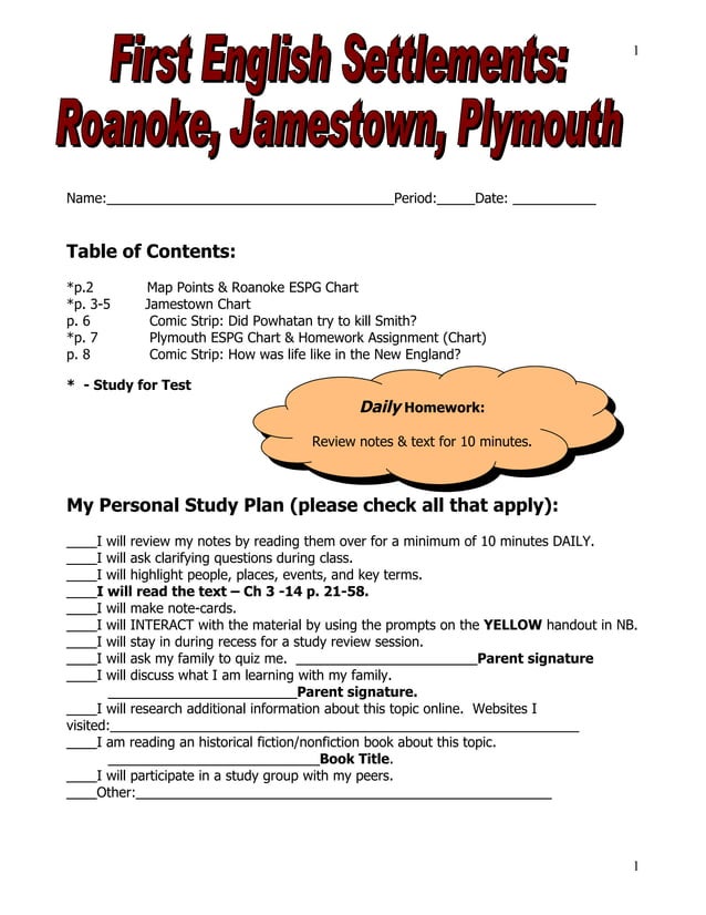 First English Settlements Roanoke Jamestown Plymouth Packet | DOC ...