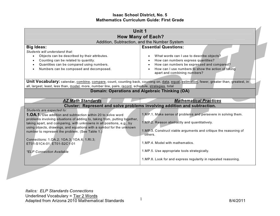 Math First Grade Curriculum Guide 2011 Math First Grade Curriculum Guide 2011