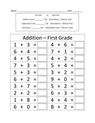 Addition And Subtraction Pre Test