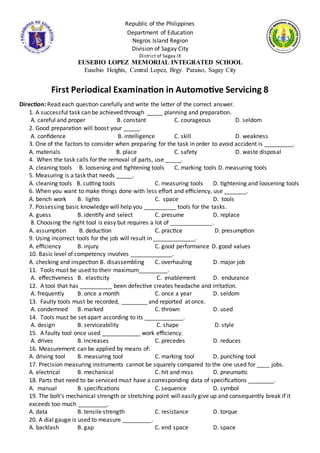 FIRST PERIODICAL EXAM IN SCIENCE 7,SCIENCE 8 AND AUTOMOTIVE SERVICING 8 WITH TOS | DOCX