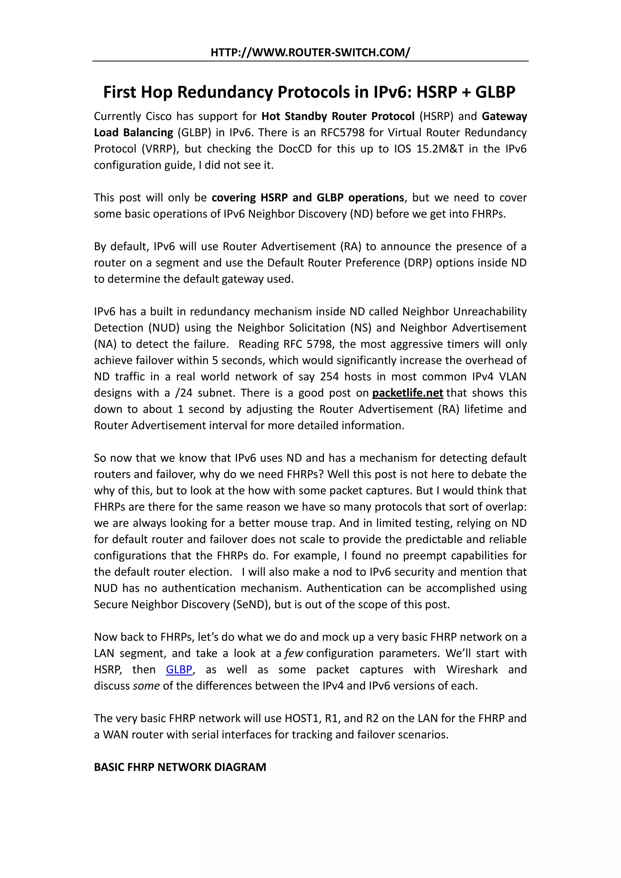 First Hop Redundancy Protocols In Ipv6 Hsrp Glbp Pdf