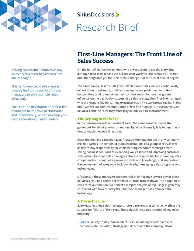 First-Line Managers: The Front Line of Sales Success | PDF