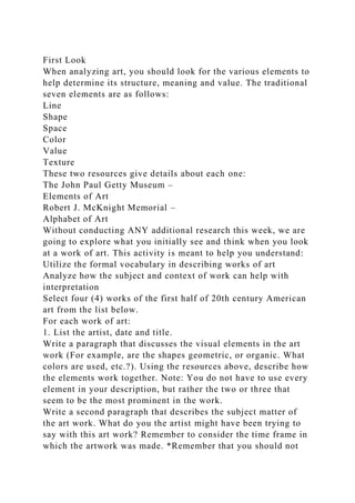 First LookWhen analyzing art, you should look for the various elem.docx