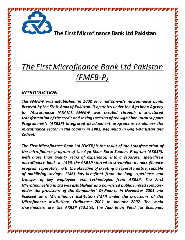 First microfinance bank | DOCX | Business Banking & Finance | Business