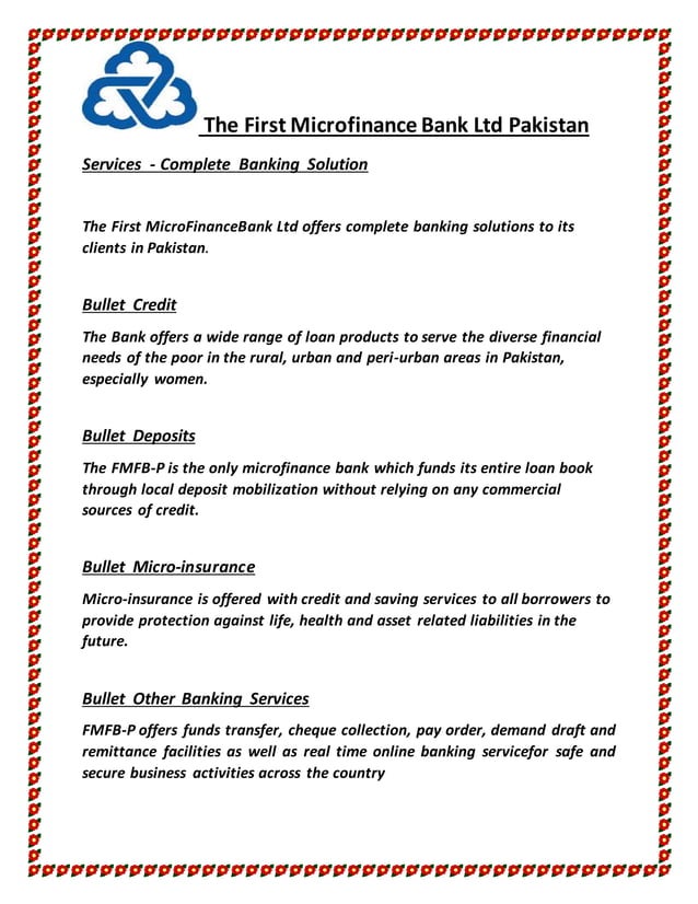 First microfinance bank | DOCX | Business Banking & Finance | Business