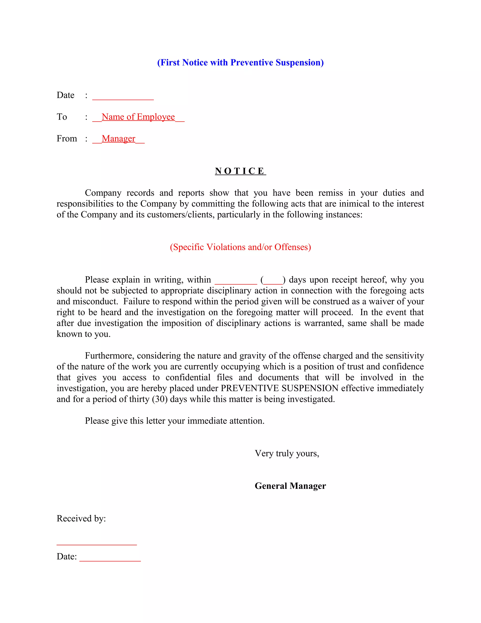 Notice to Explain with Suspension | DOC