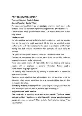 First observation report | DOCX | Education